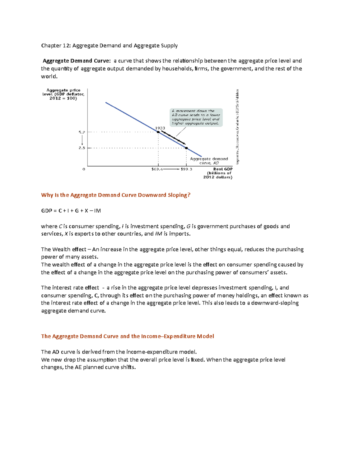 ECON 1020 Chap 12 - Final Exam Notes - Chapter 12: Aggregate Demand and ...