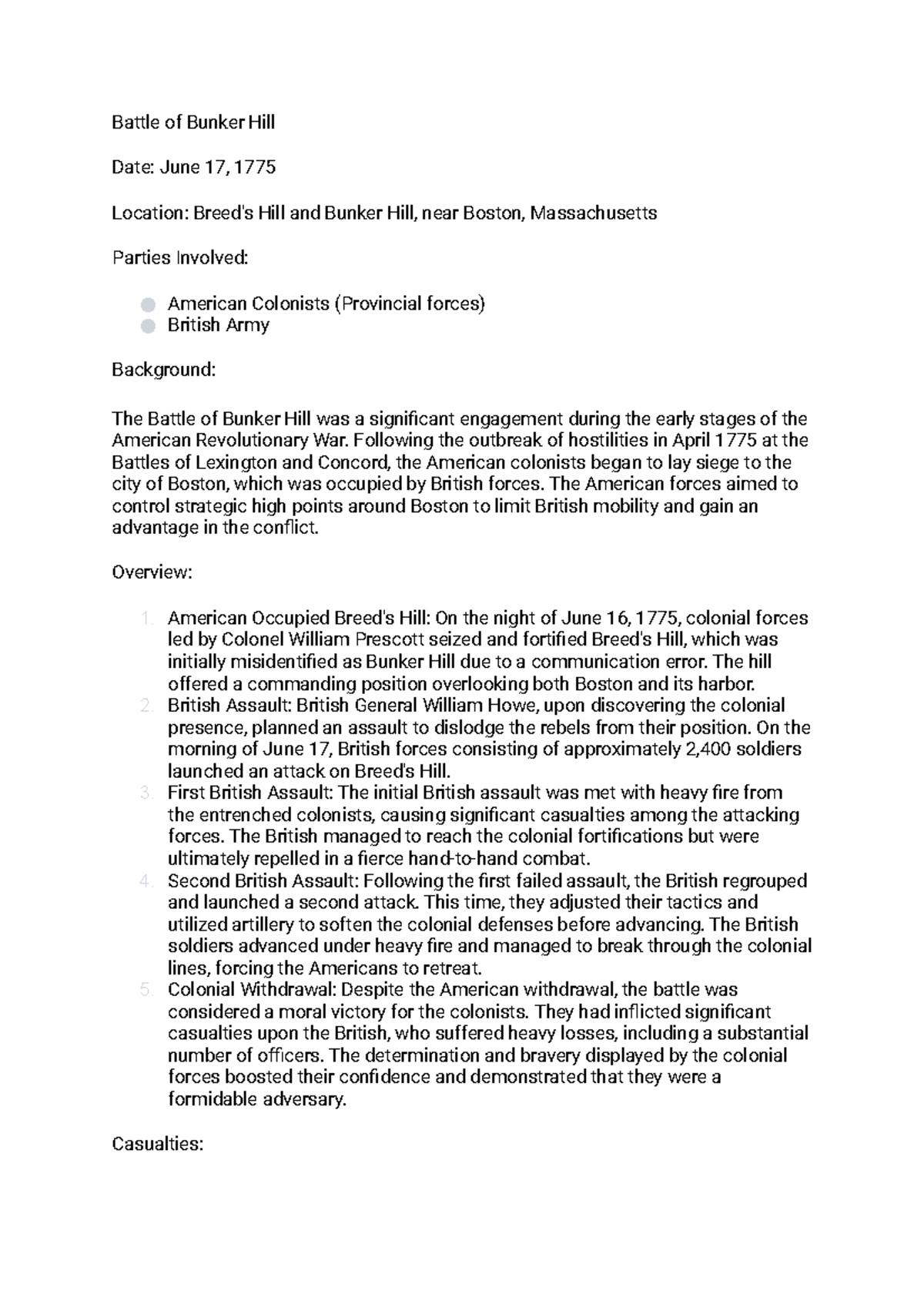 Battle of Bunker Hill - Notes off of my teachers course in class ...