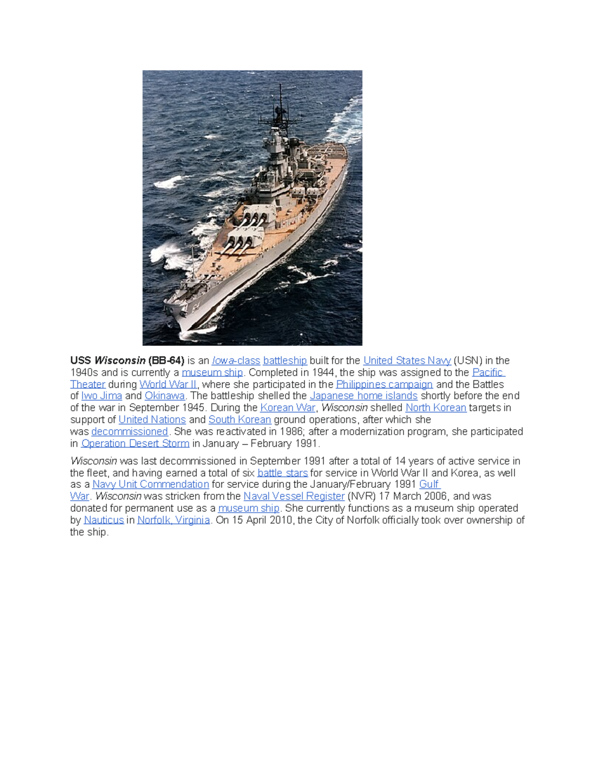 USS Winsconsin - notes - USS Wisconsin (BB-64) is an Iowa-class ...