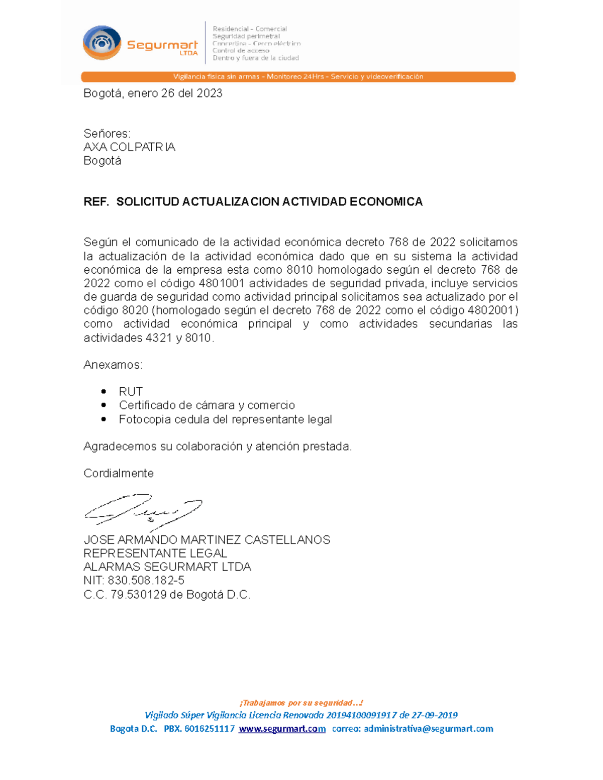 Carta AXA Colpatria - chvfiyu - Bogotá, enero 26 del 2023 Señores: AXA ...