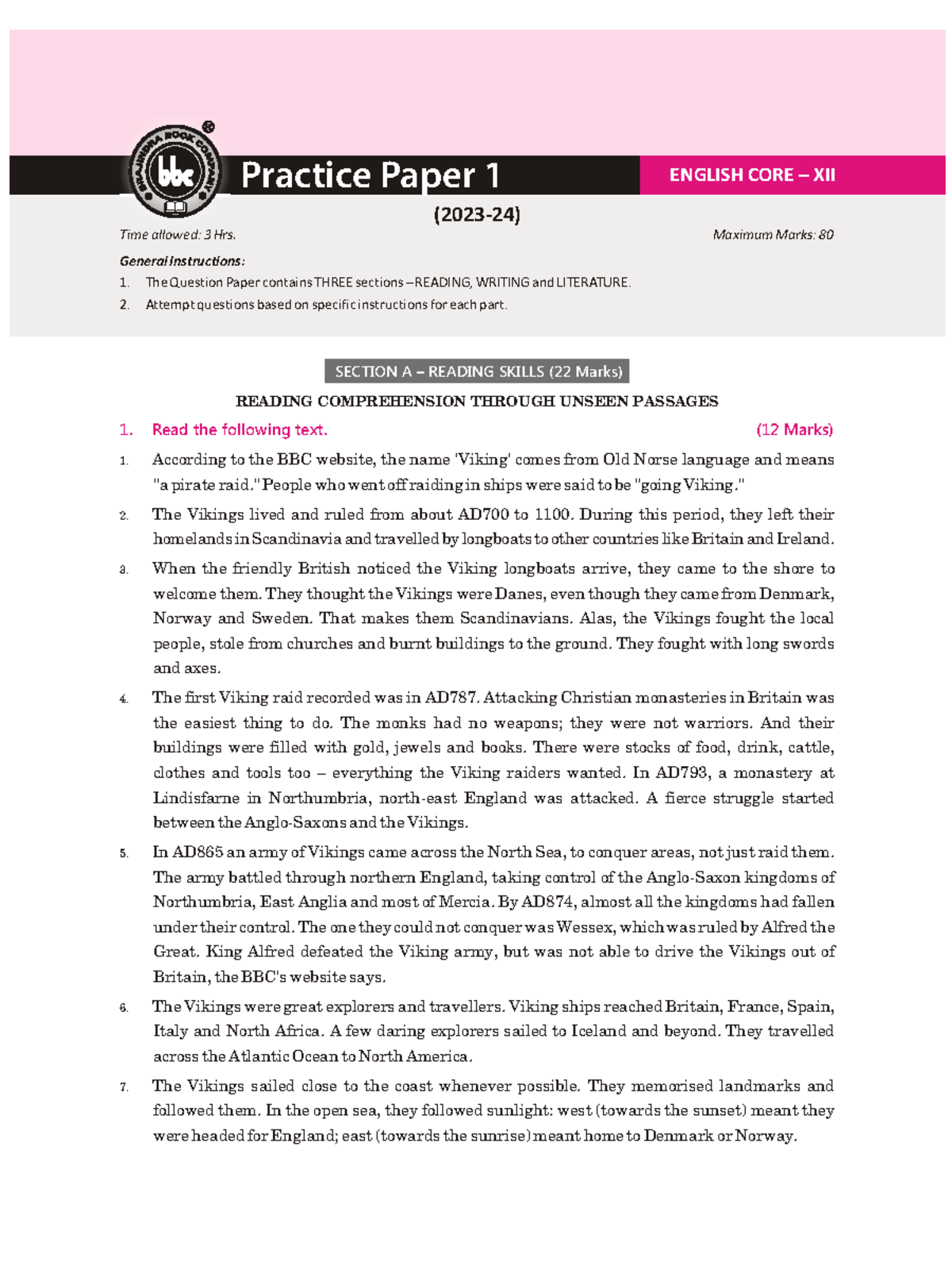 Class 12 Practice Paper 1 (2023-24) - READING COMPREHENSION THROUGH ...