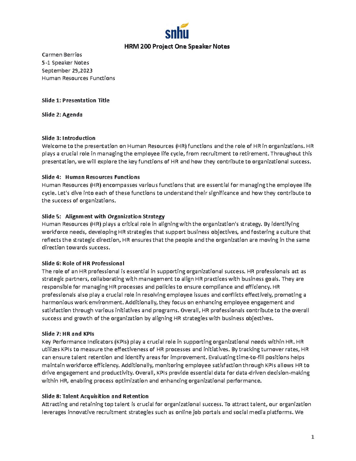 HRM 200 Project One Speaker Notes 5-1 - HRM 200 Project One Speaker ...