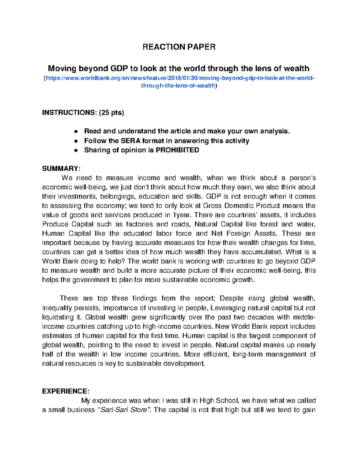 Moving beyond GDP - Reaction Paper - REACTION PAPER Moving beyond GDP ...