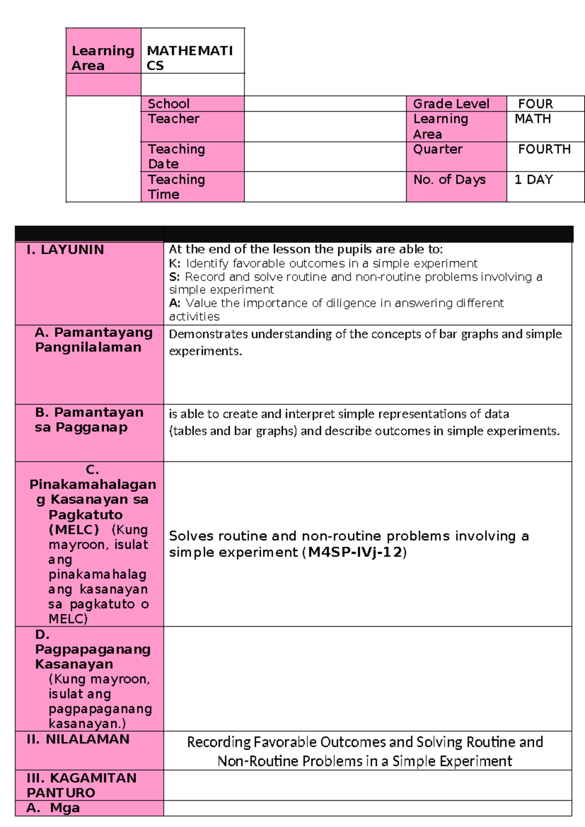 Math q4 g4 w7 - Lesson plan for grade 4 quarter 4 - Learning Area MATHEMATI CS School Grade ...