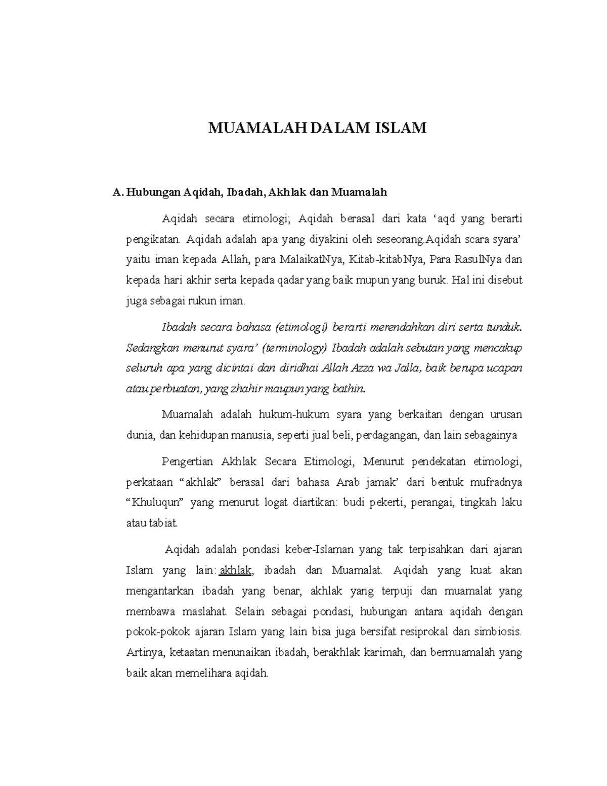 Muamalah Dalam Islam - MUAMALAH DALAM ISLAM A Aqidah, Ibadah, Akhlak ...
