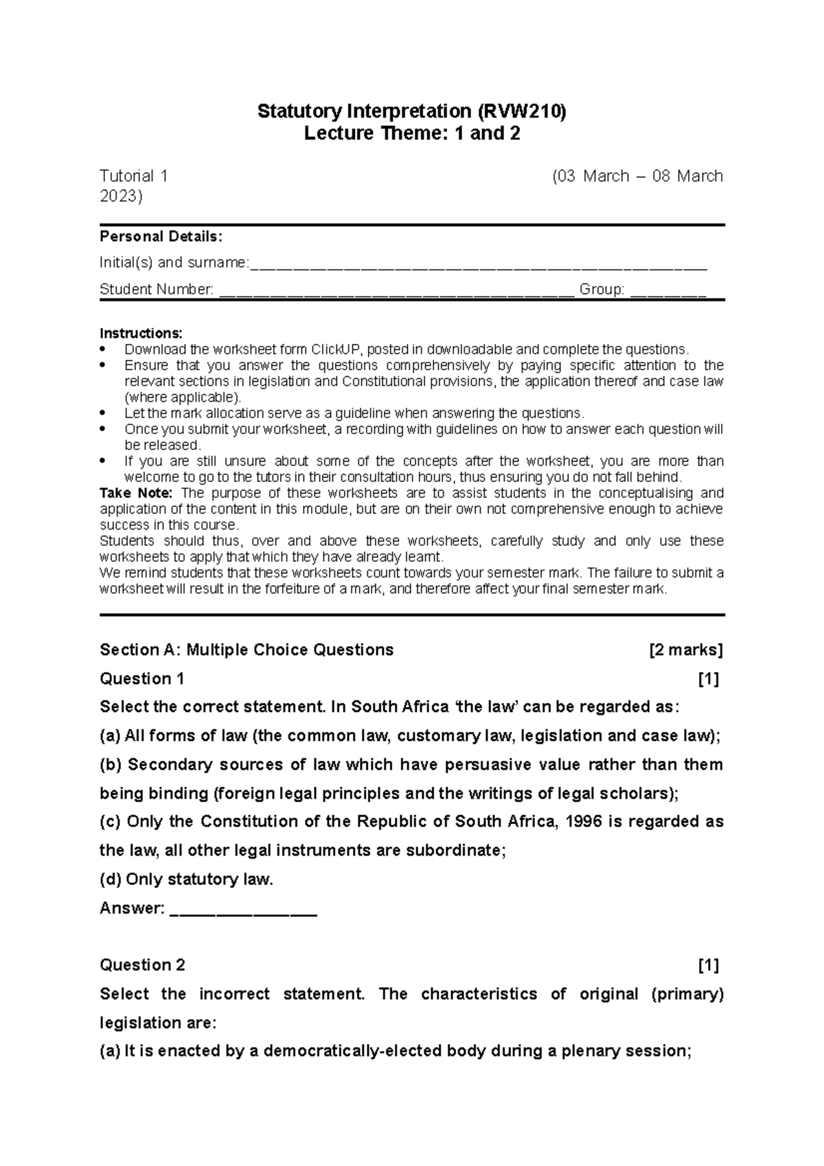 Tutorial 1 RVW 210 2023 - Statutory Interpretation (RVW210) Lecture ...