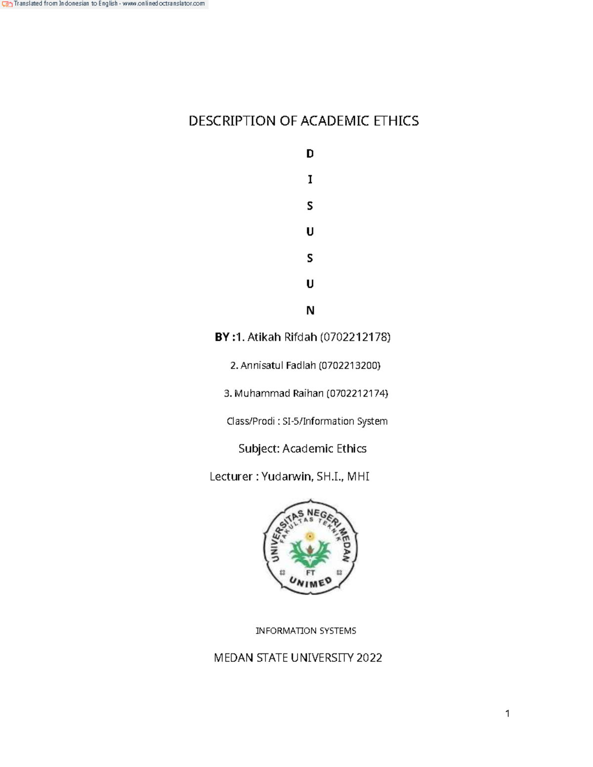 Description OF Academic Ethics - DESCRIPTION OF ACADEMIC ETHICS D I S U ...