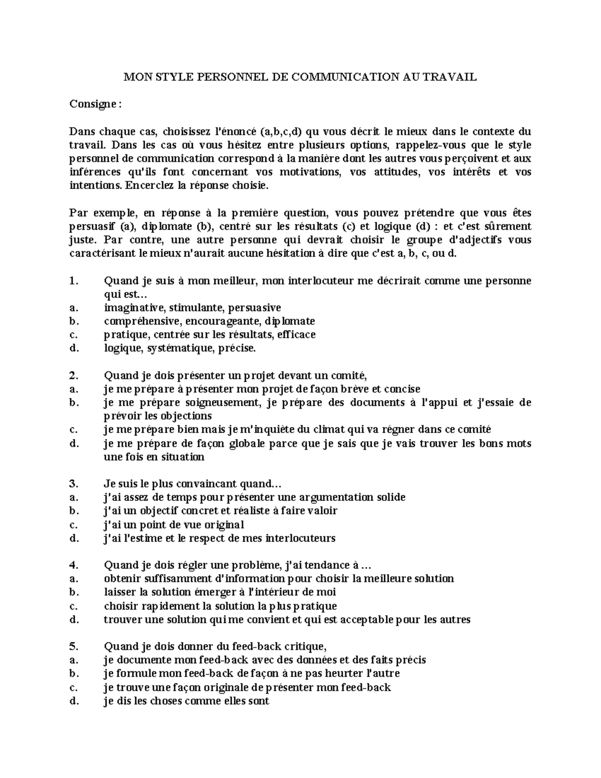 2010 0325 Questionnaire Style personnel de communication - Consigne ...