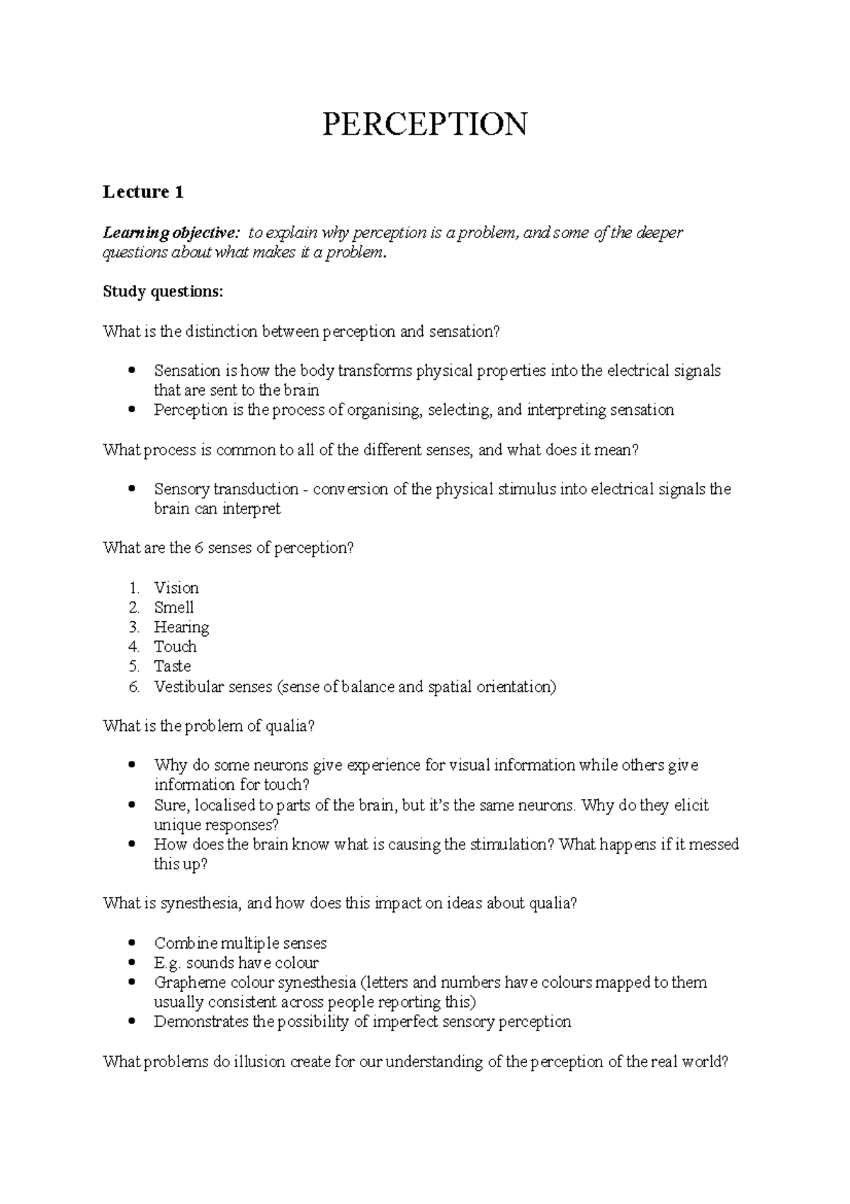 Perception - PERCEPTION Lecture 1 Learning objective: - Studocu