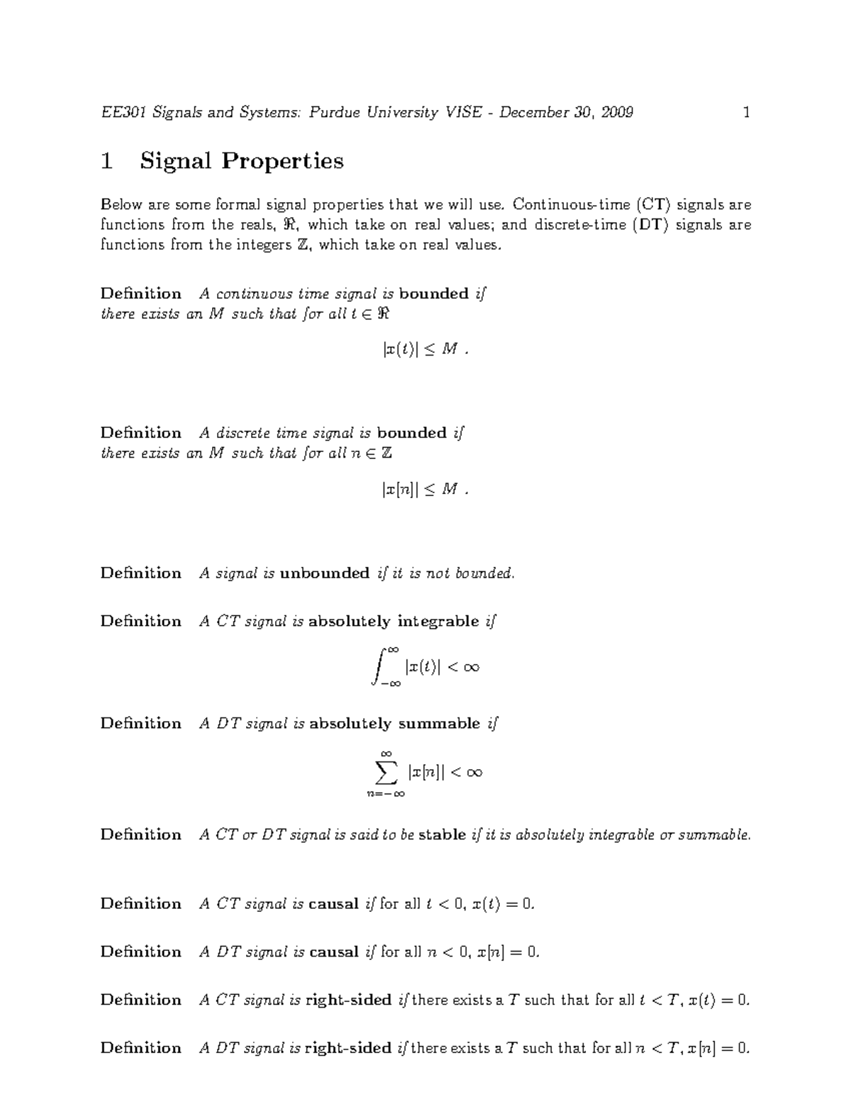 Signals and Systems Properties - 1 Signal Properties Below are some ...