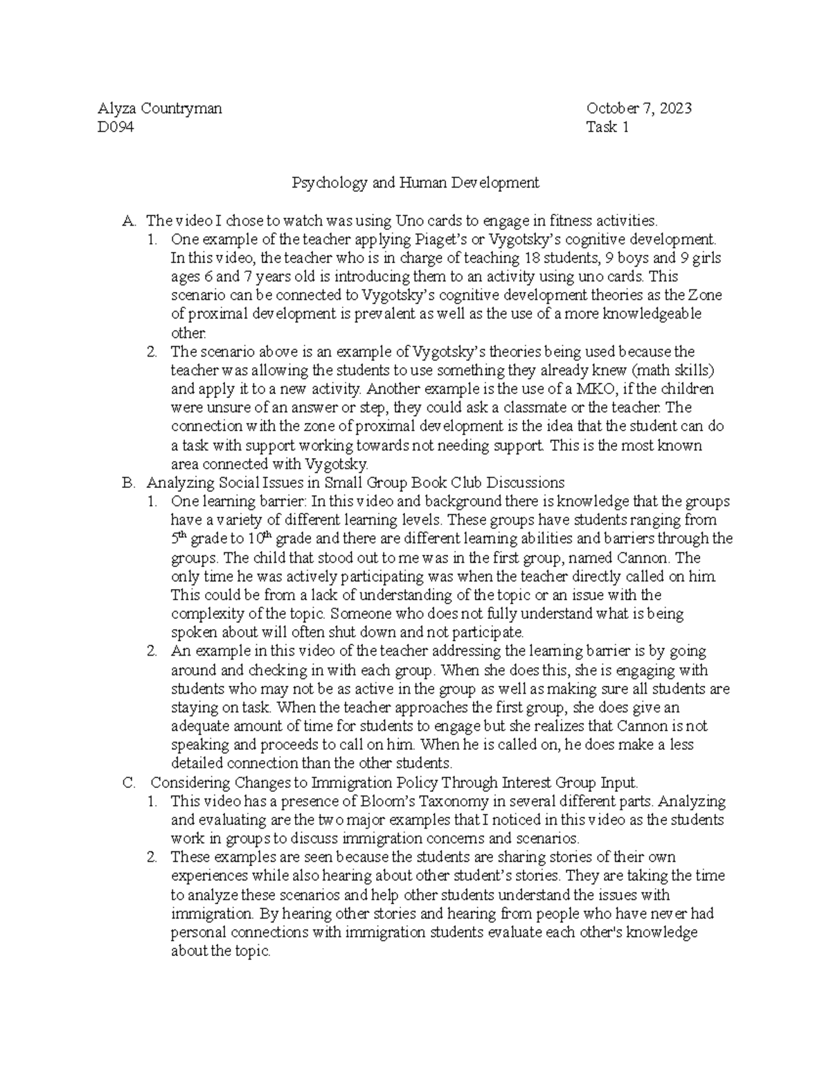 Task 1 D094 - D094 Task 1 - Alyza Countryman October 7, 2023 D094 Task ...