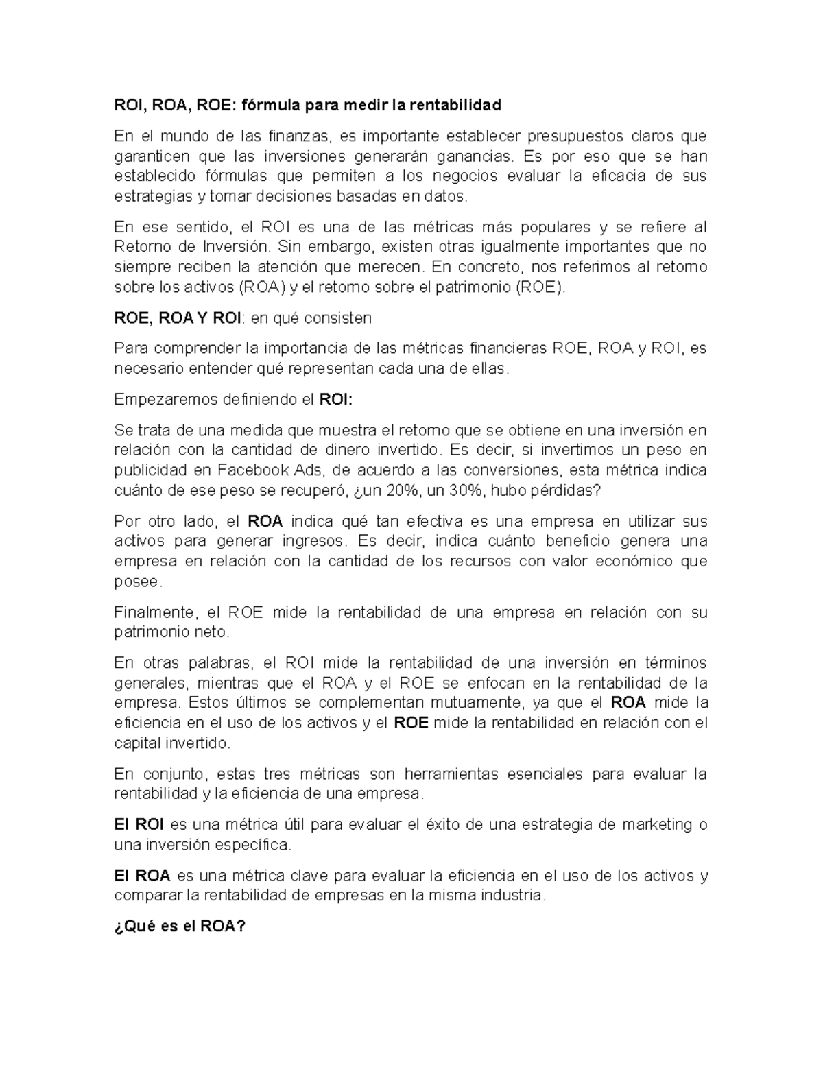 Ratios Especiales - ROI, ROA, ROE: fórmula para medir la rentabilidad ...