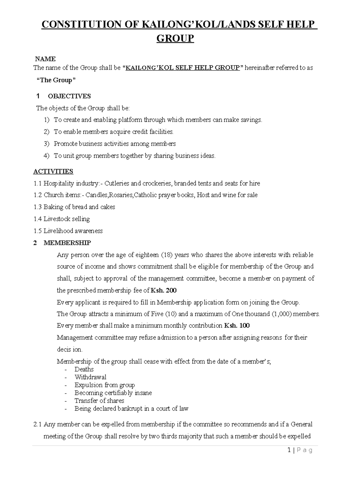 Kailongkol Group Constitution - 1 | P a g CONSTITUTION OF KAILONG’KOL/LANDS SELF HELP GROUP NAME ...