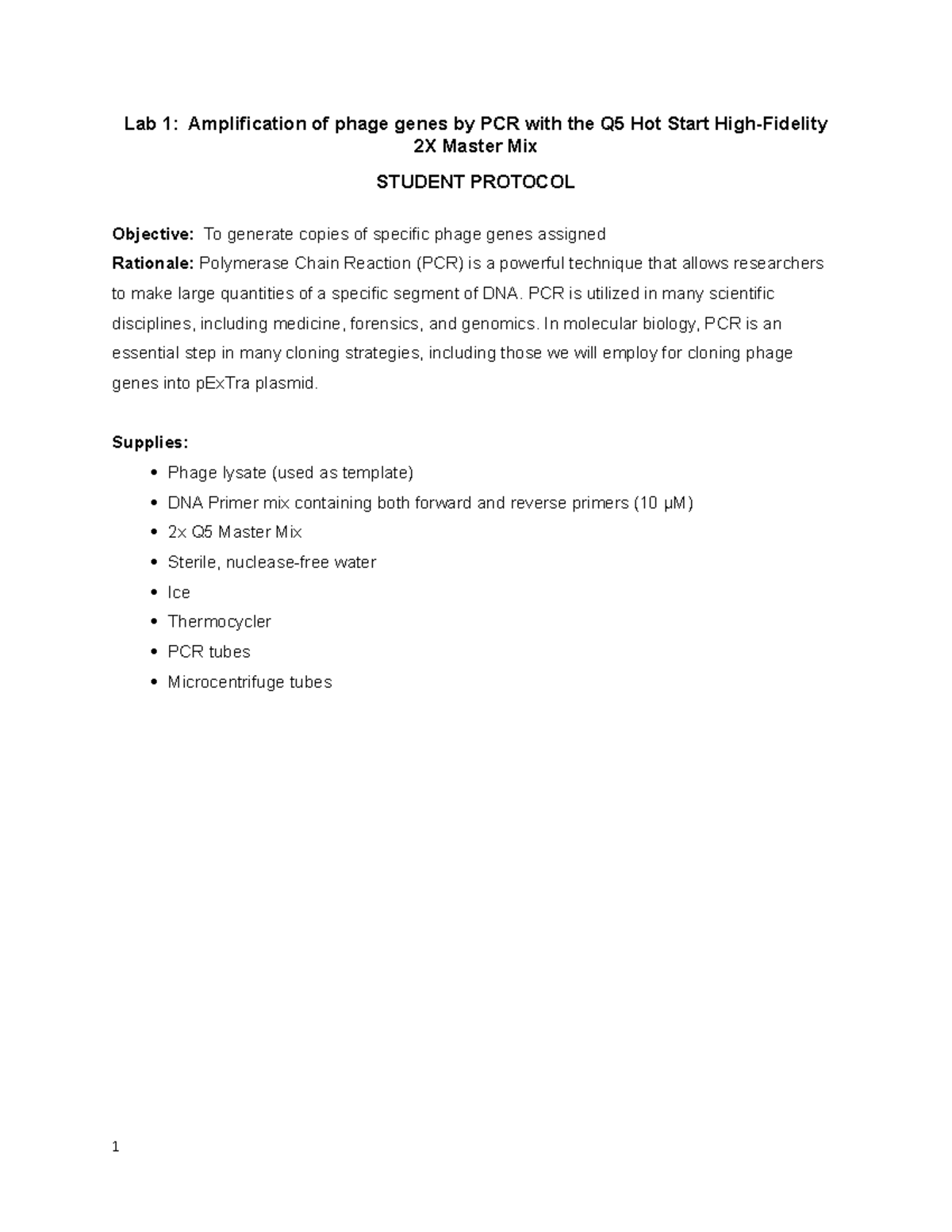 Lab 1 student protocol - BSC 577L - USM - Studocu