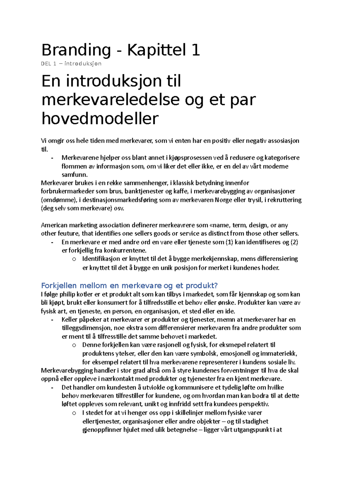 Kapittel 1 - Branding - Kapittel 1 DEL 1 – introduksjon En introduksjon til merkevareledelse og ...