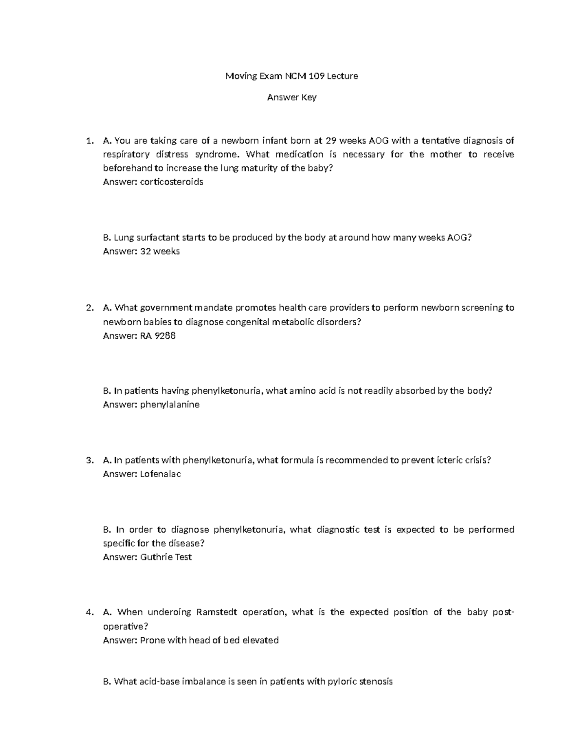 Moving Exam NCM 109 Lecture - Moving Exam NCM 109 Lecture Answer Key A ...