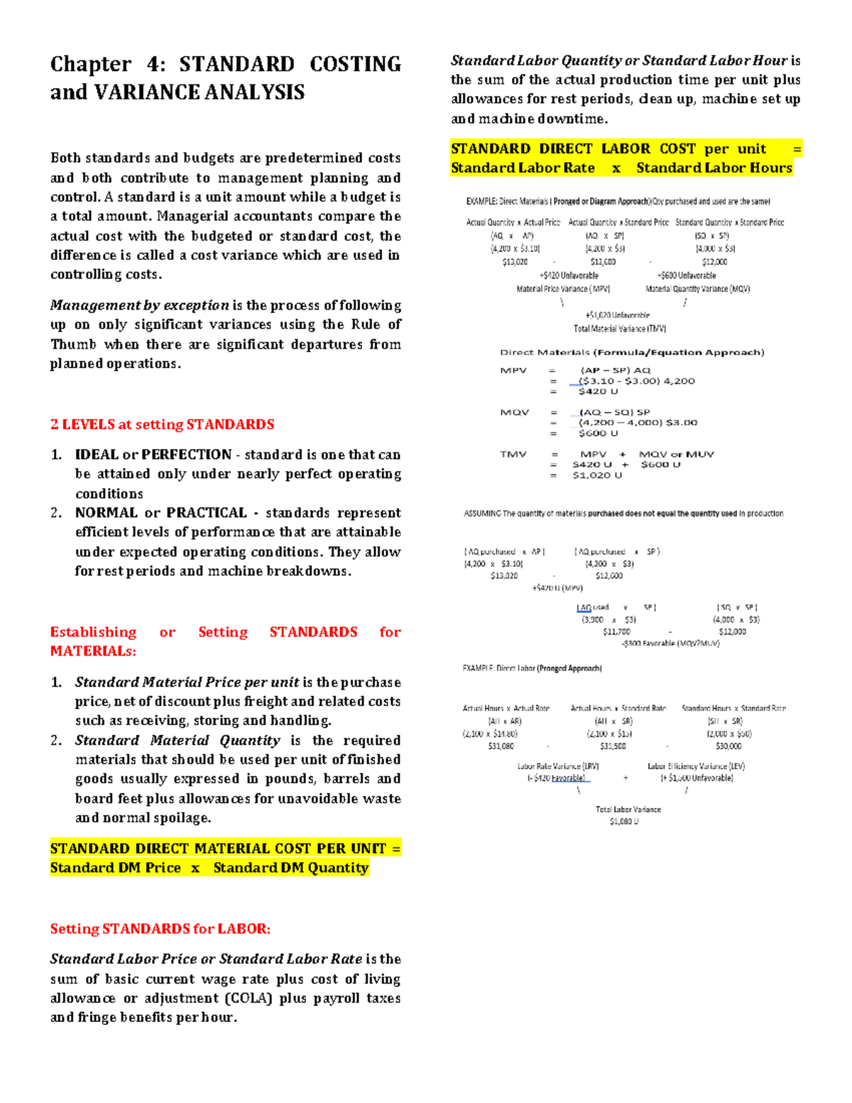 Chapter 4 - Standard Analysis - Chapter 4: STANDARD COSTING and ...