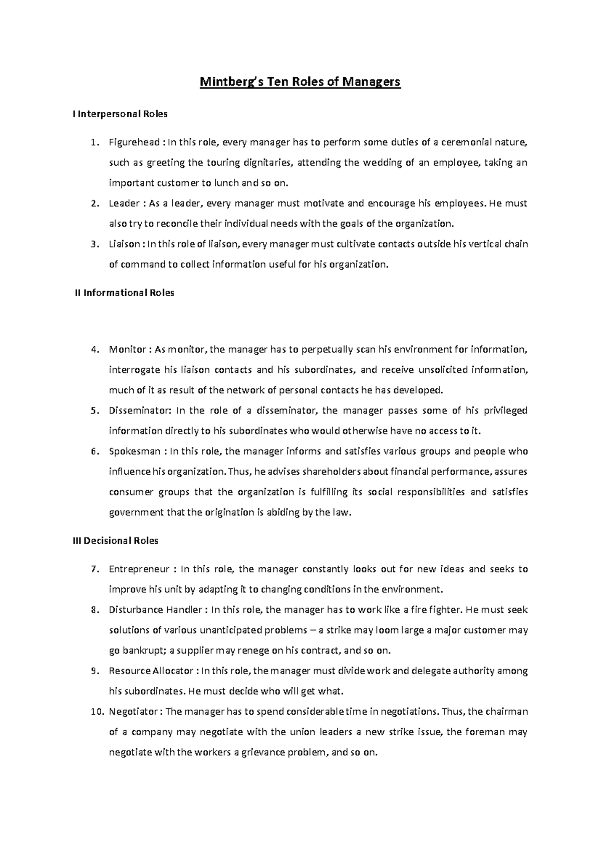 Principles of management - Mintberg’s Ten Roles of Managers I ...