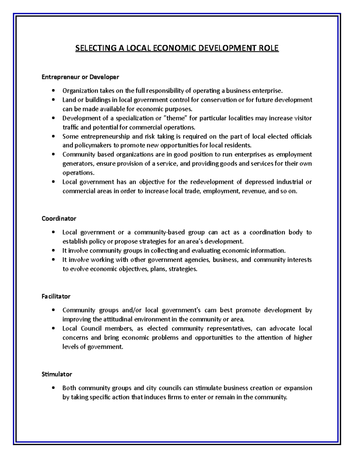 Selecting A Local Economic Development ROLE - SELECTING A LOCAL ...