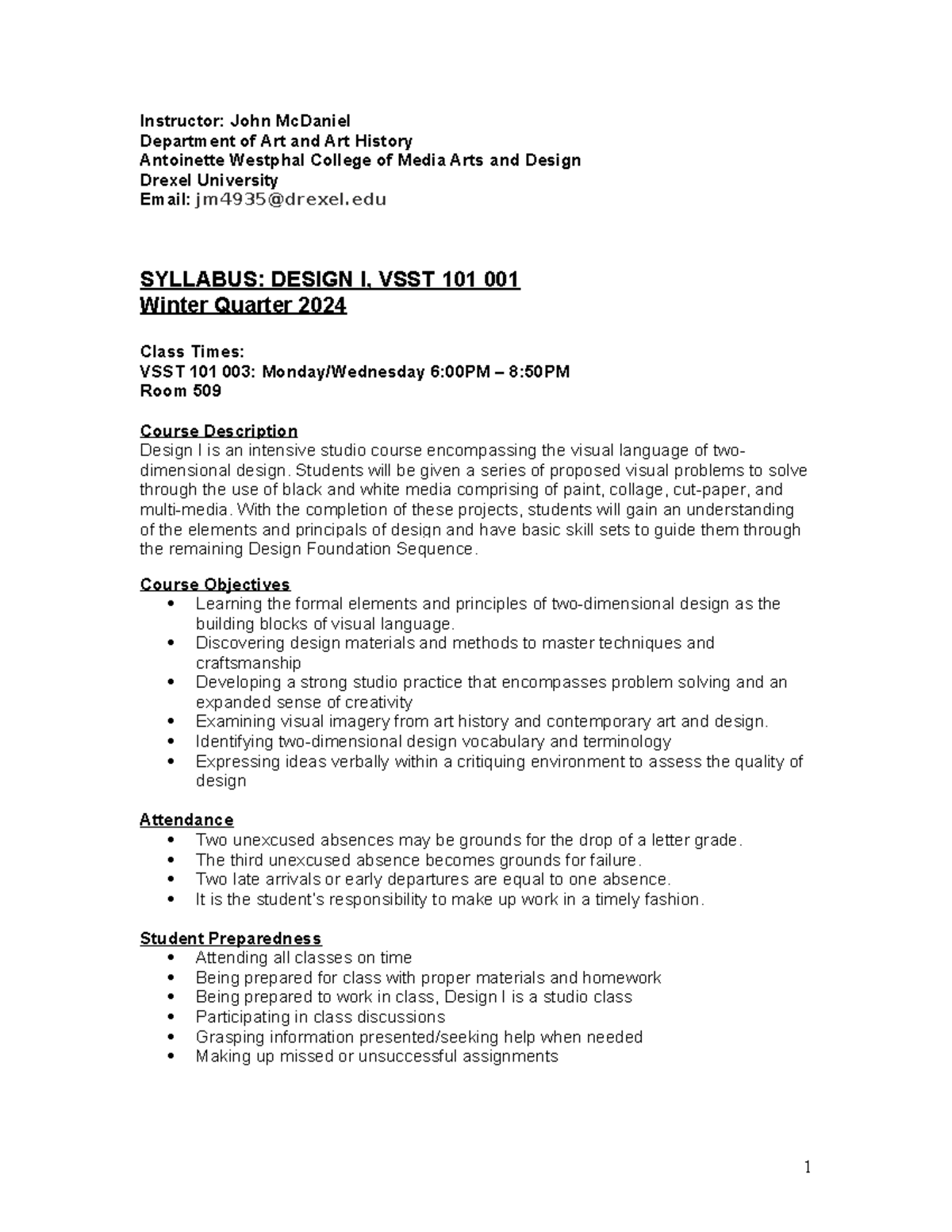 Design I winter 2024 Syllabus - Instructor: John McDaniel Department of ...