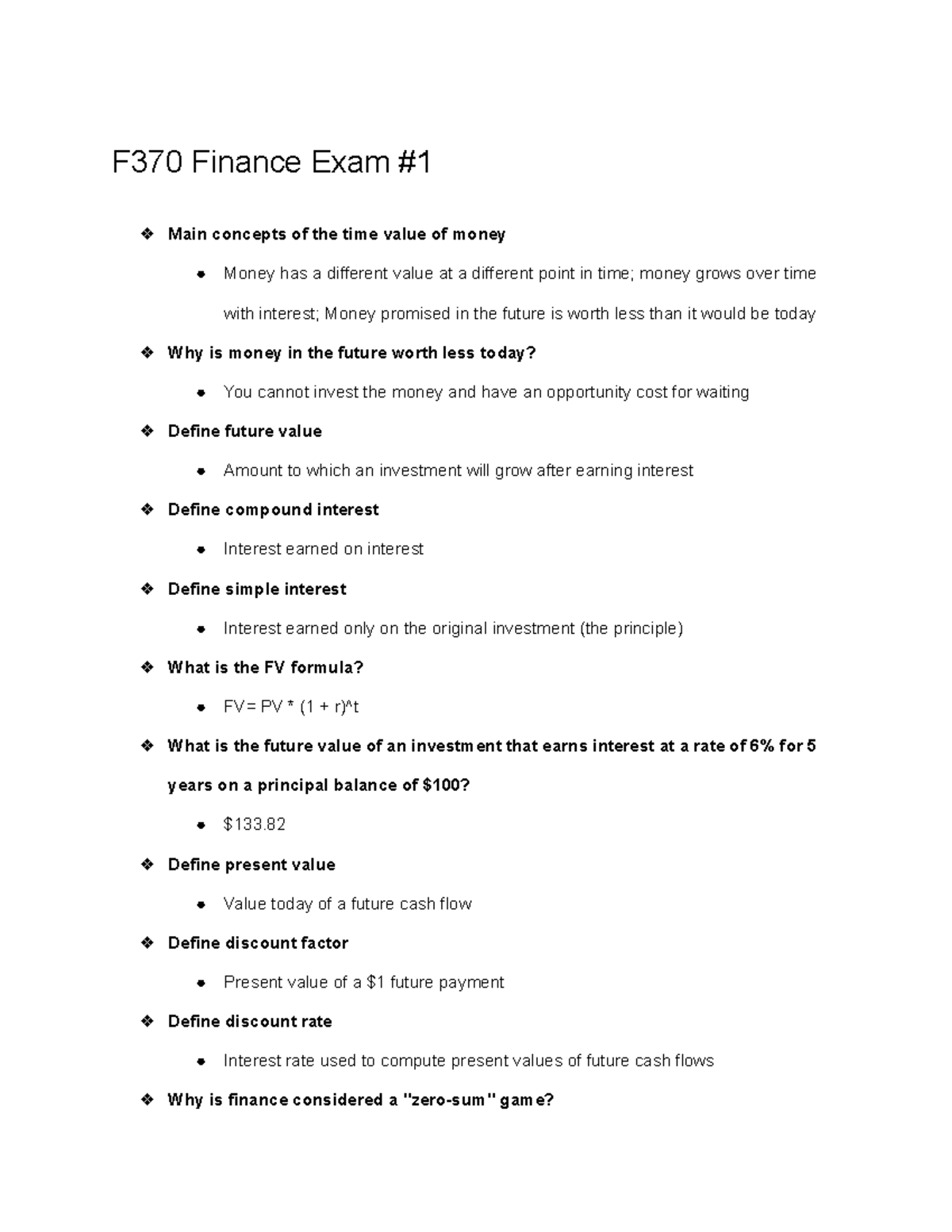 F370 Finance Exam #1 - This document includes important terminologies from the lecture that will ...