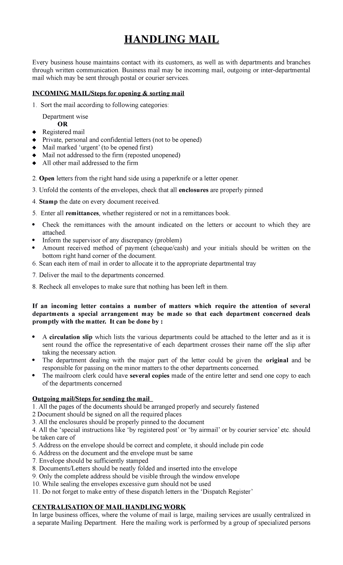 mailing business - HANDLING MAIL Every business house maintains contact ...