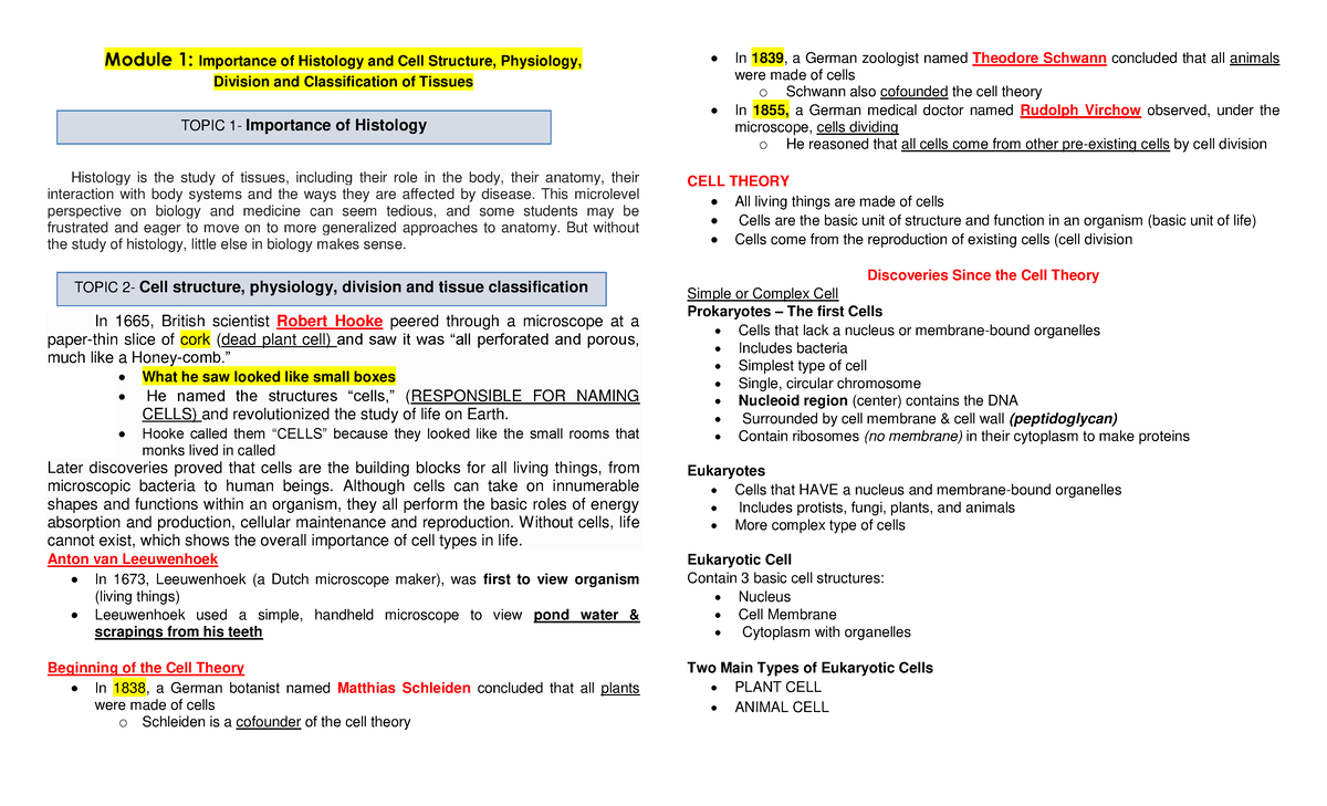 Histology Transes - Module 1: Importance of Histology and Cell Structure, Physiology, Division ...