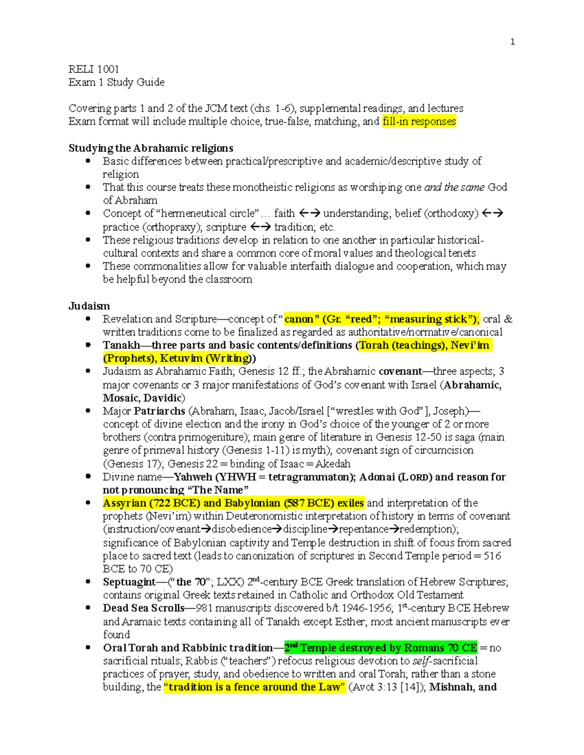 Exam 1 Study Guide RELI 1001 - RELI 1001 Exam 1 Study Guide Covering ...