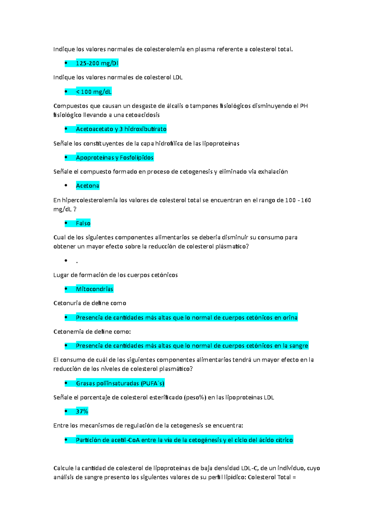 Cuestionario bioquimica - Indique los valores normales de ...