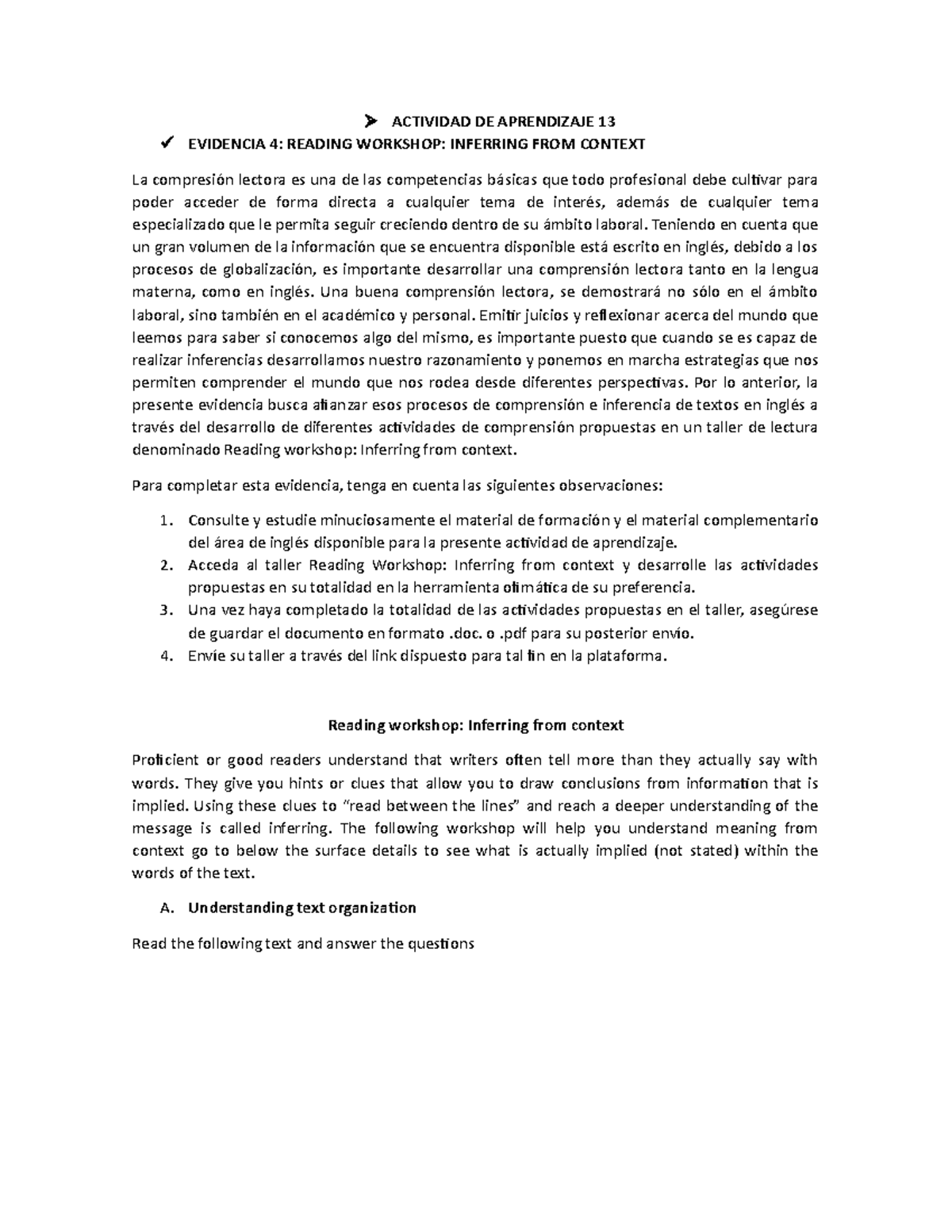 READING WORKSHOP INFERRING FROM CONTEXT - Teniendo en cuenta que un ...