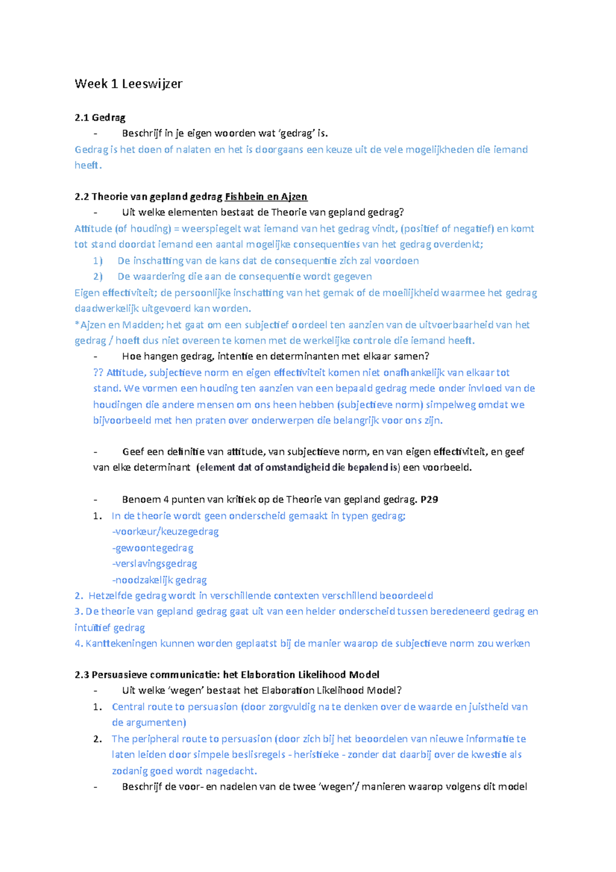 Inleiding Strategische communicatie - Week 1 Leeswijzer 2 Gedrag ...