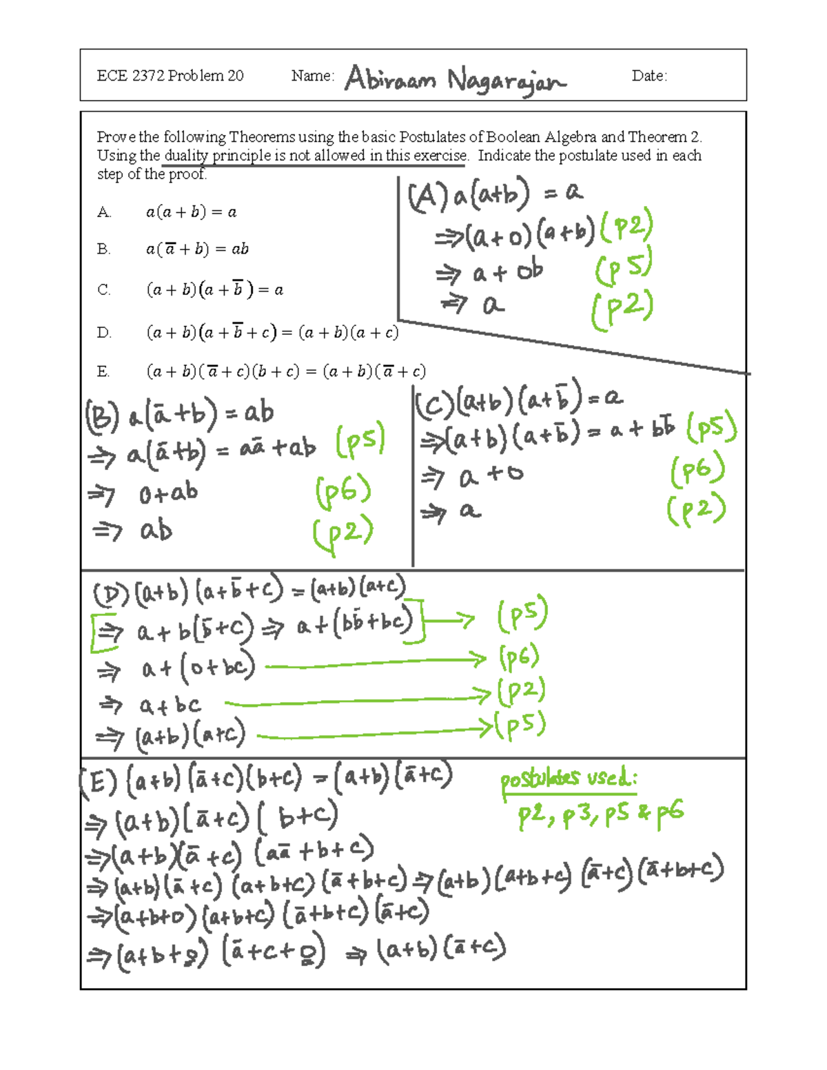 Ece 2372 Problem Boolean Algebra Ece 2372 Problem 20 Name Date Prove The Following