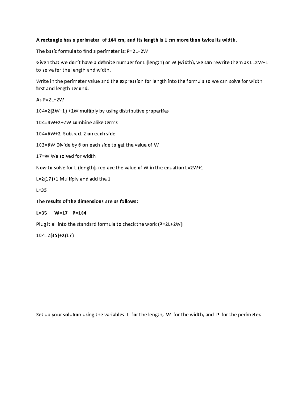 Module 2 Problem - A rectangle has a perimeter of 104 cm, and its ...