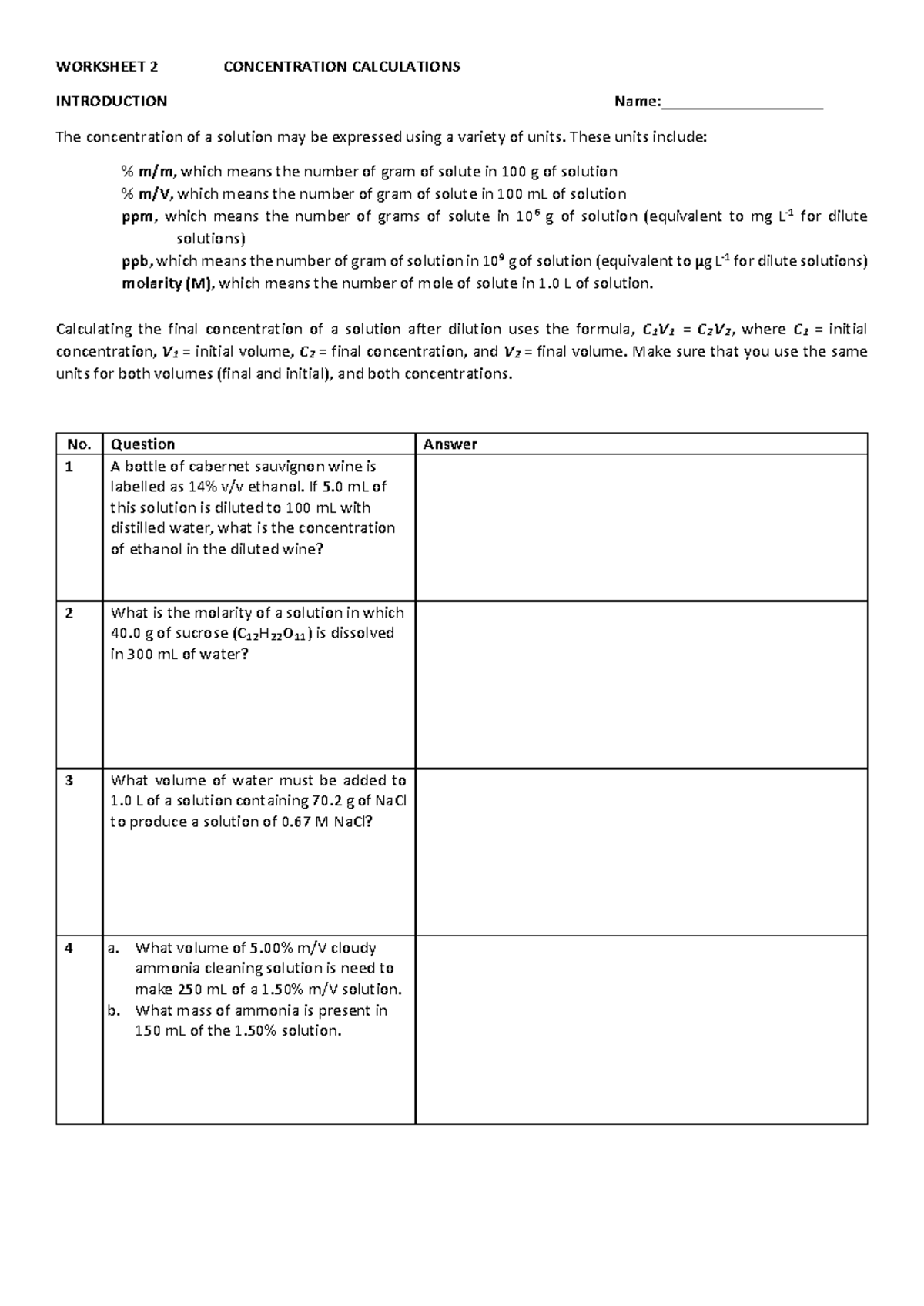 Worksheet 2 Concentration Calculations - WORKSHEET 2 CONCENTRATION ...