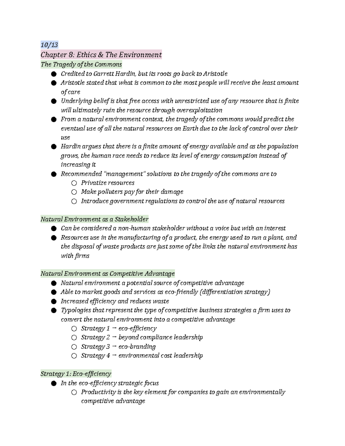 Exam 3 Notes and Concepts - 10/ Chapter 8: Ethics & The Environment The ...