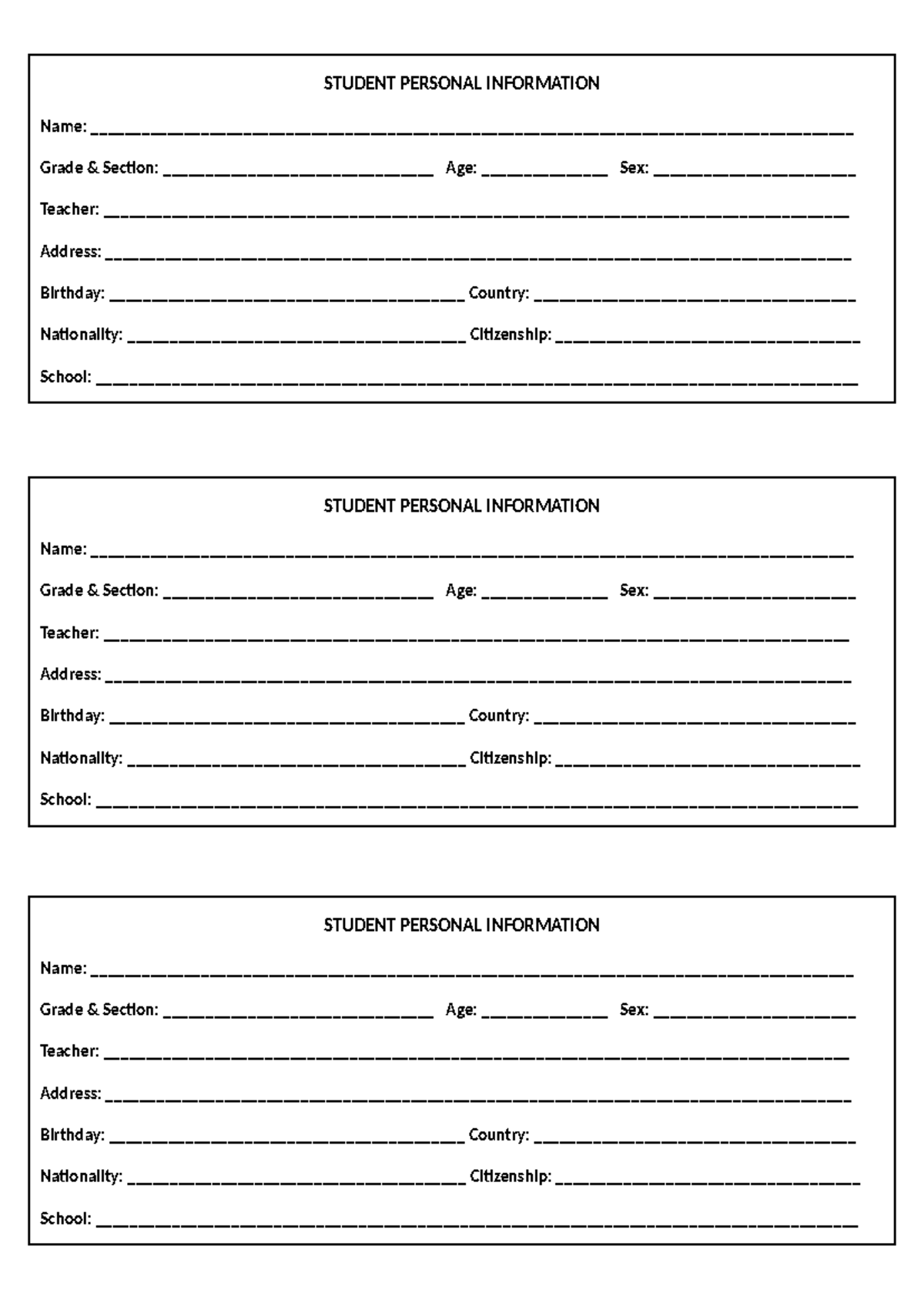 Personal Information Sheet - STUDENT PERSONAL INFORMATION Name: - Studocu