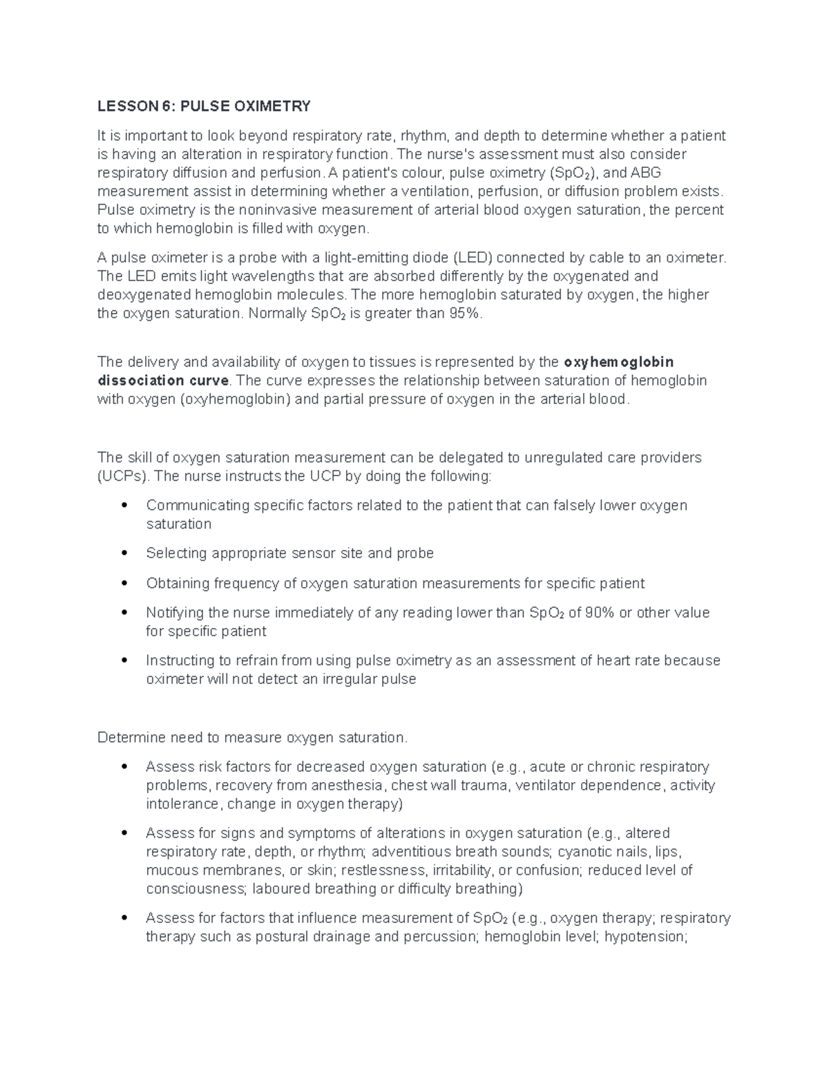 Module 4 Vital Signs Lesson 6 Notes - LESSON 6: PULSE OXIMETRY It is ...