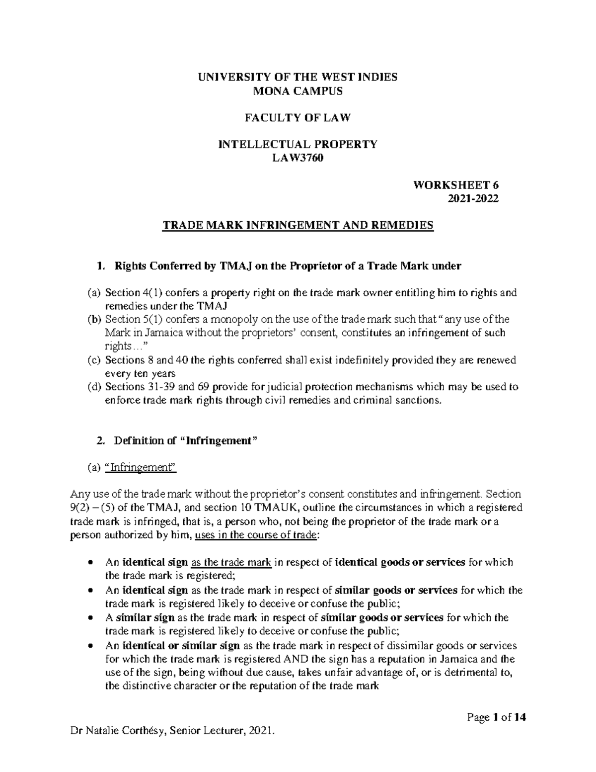 Intellectual Property Worksheet 6 2021 - Page 1 of 14 UNIVERSITY OF THE ...