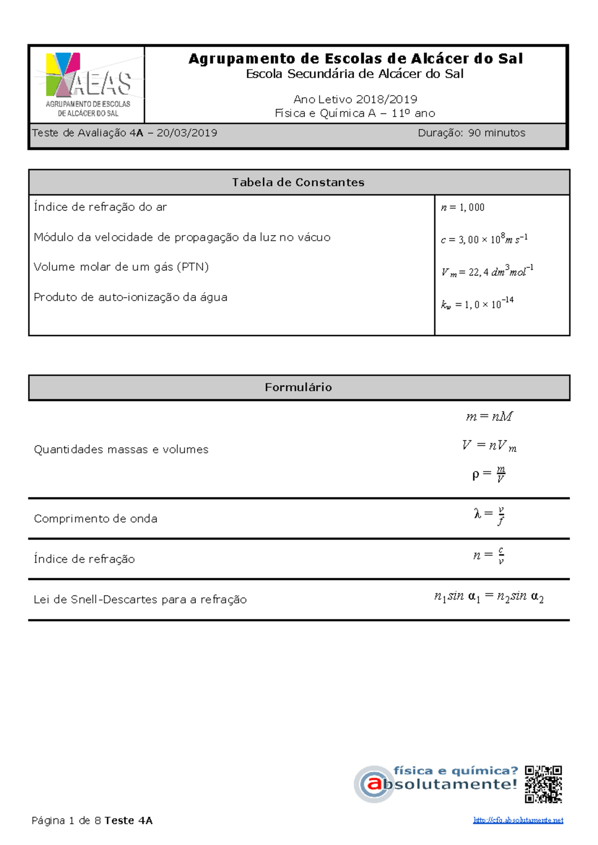 T4 FQA11 2003 19 A - Teste de fq 11º ano - Agrupamento de Escolas de ...