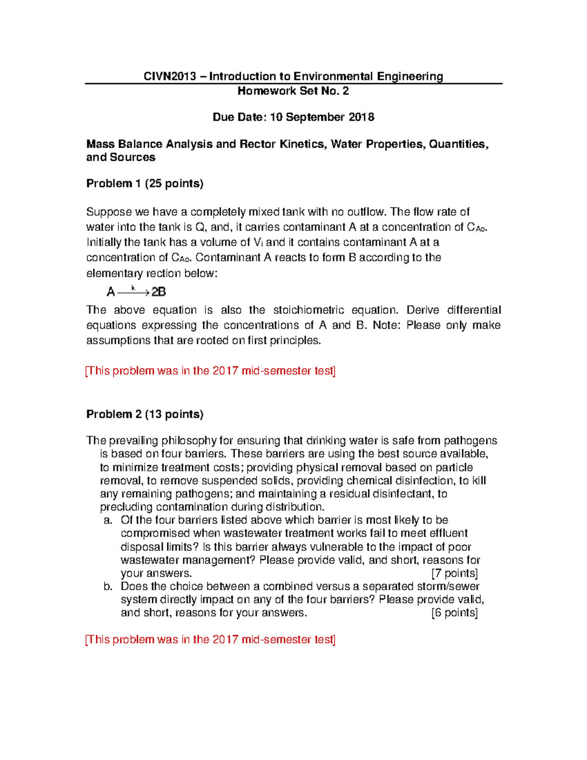 Homework Assignment 2 Problem Statements - CIVN2013 – Introduction to Environmental Engineering ...