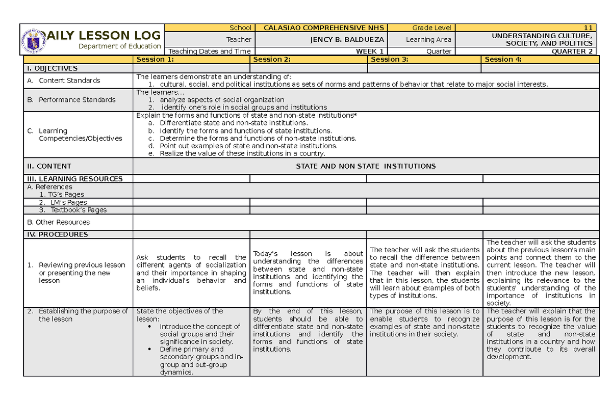 UCSP-Q2-WEEK1 - NOTHING FOLLOWS - DAILY LESSON LOG Department of ...