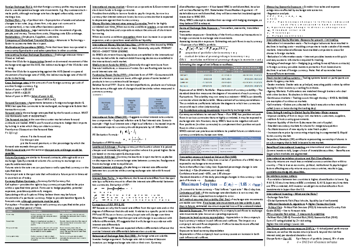 Cheat Sheet For Final Exam - Foreign Exchange Risk is risk that foreign ...