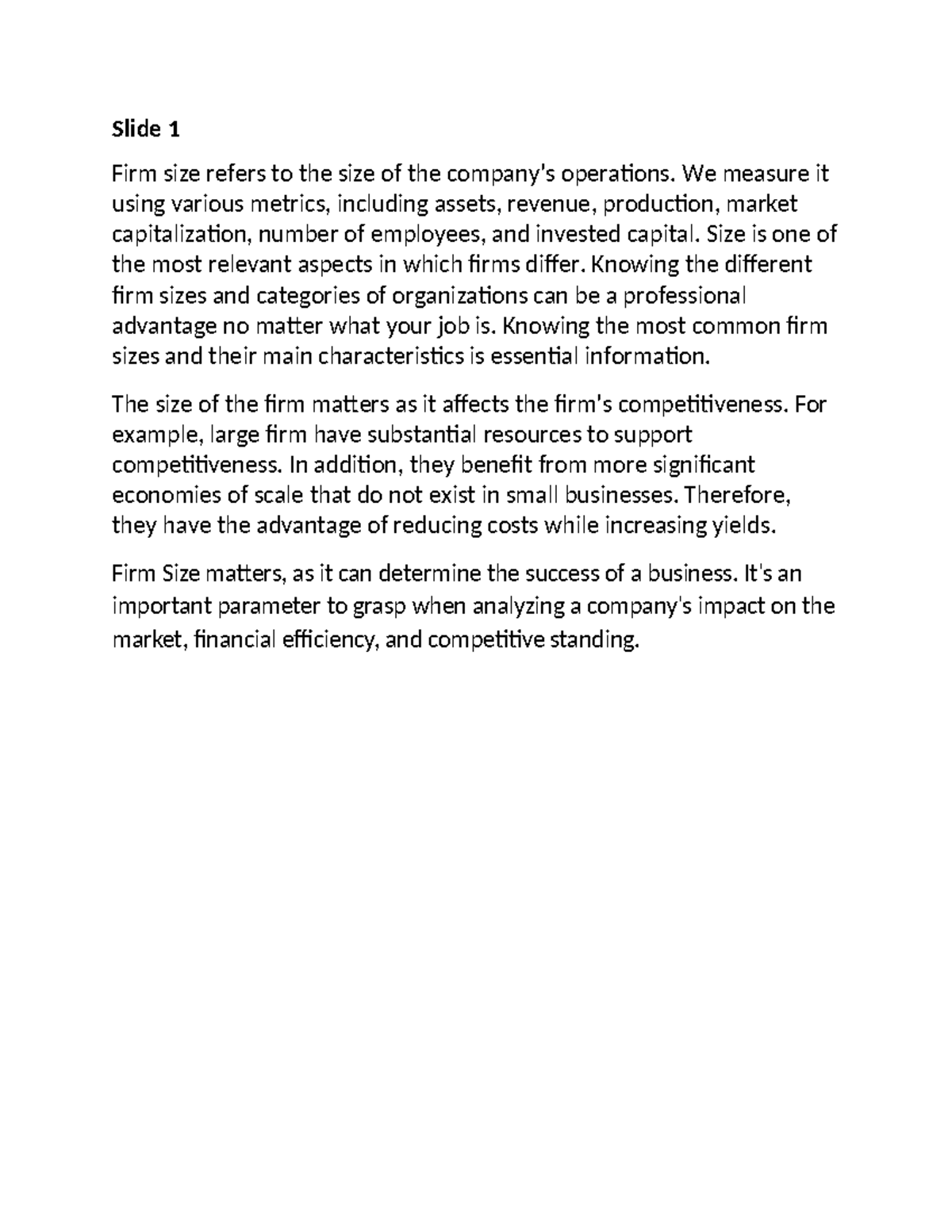 Analyzing firm's size - Basic lecture notes - Slide 1 Firm size refers ...