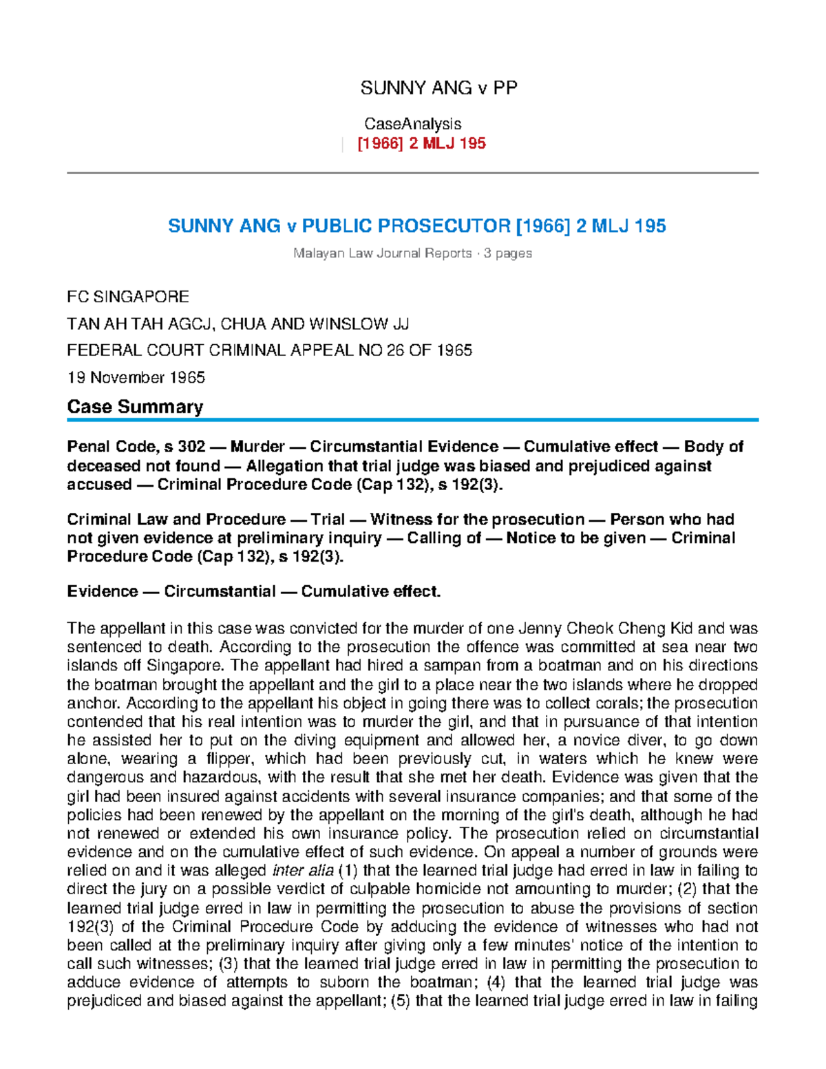 Sunny ANG v Public Prosecutor, [1966] 2 MLJ 195 case law - SUNNY ANG v ...