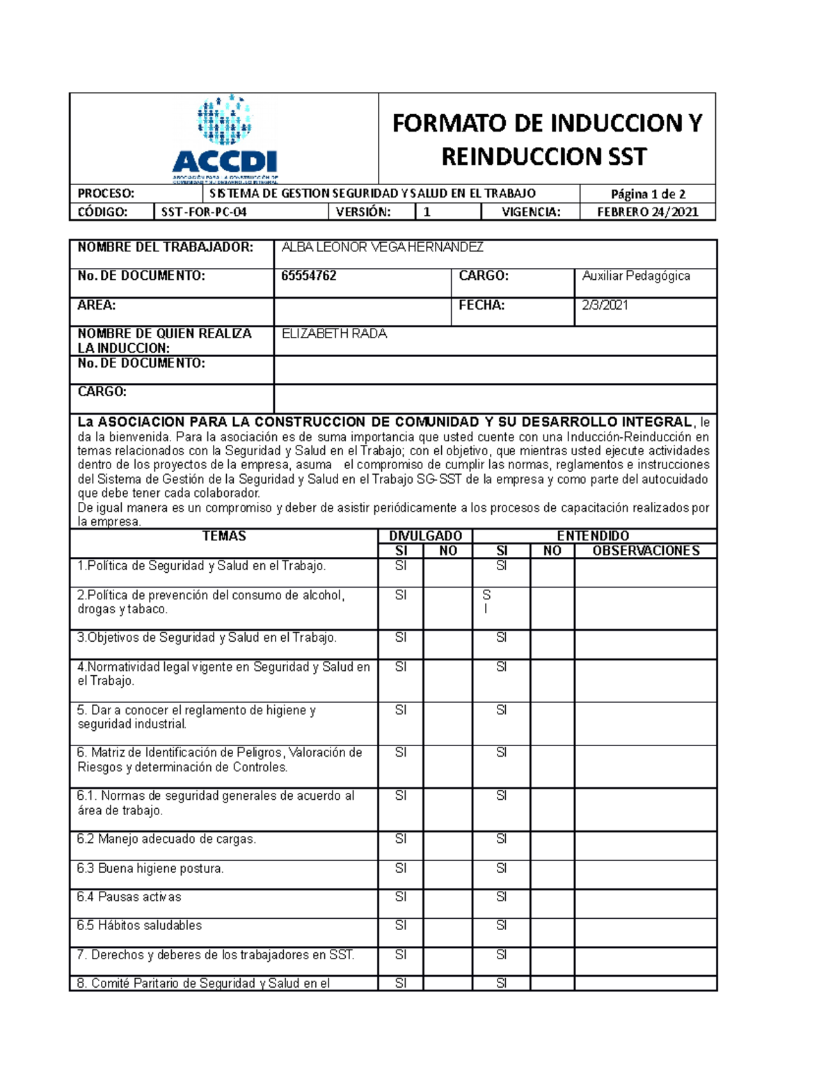 3. Nuevo Formato DE Inducccion DE SST - FORMATO DE INDUCCION Y REINDUCCION SST PROCESO: SISTEMA ...
