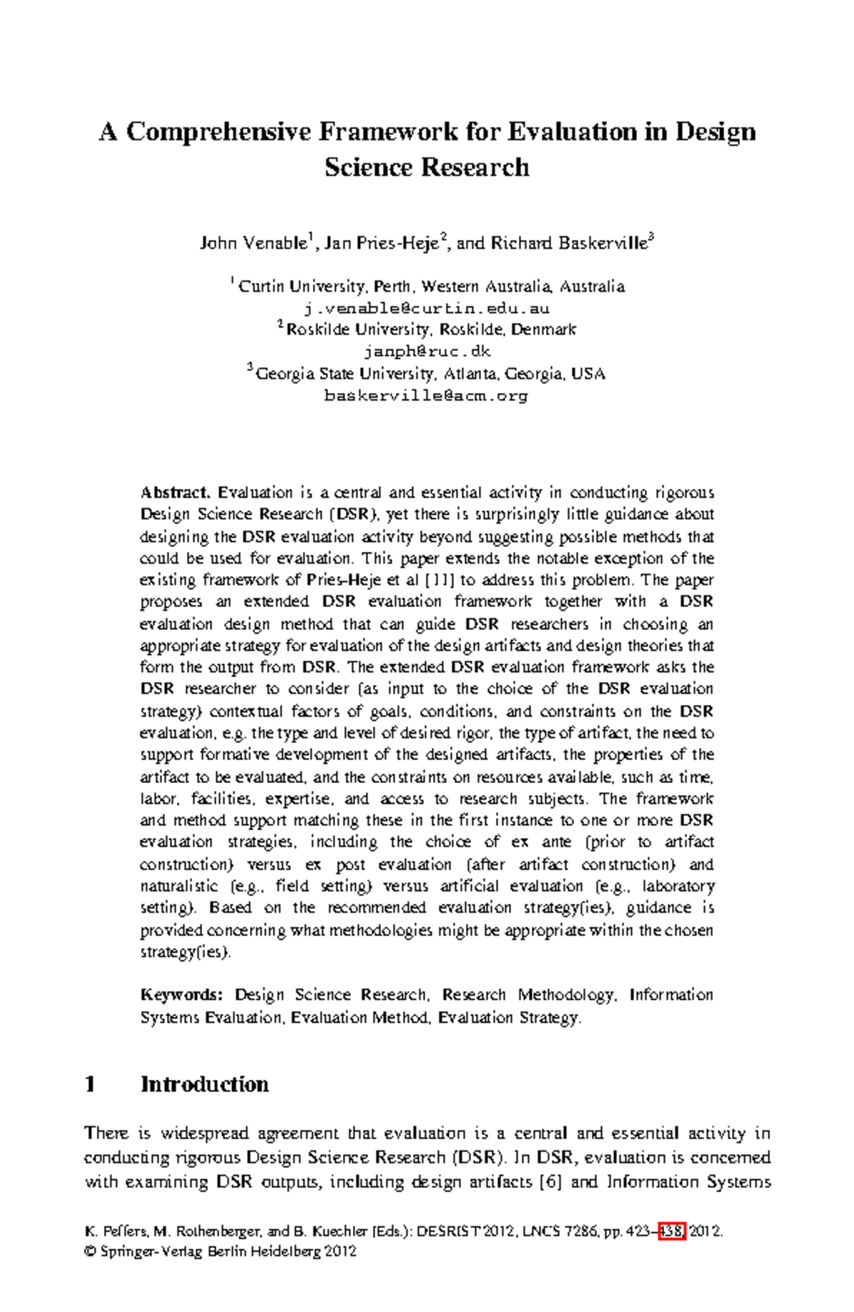 A Comprehensive Framework for Evaluation in Design Science Research - K ...