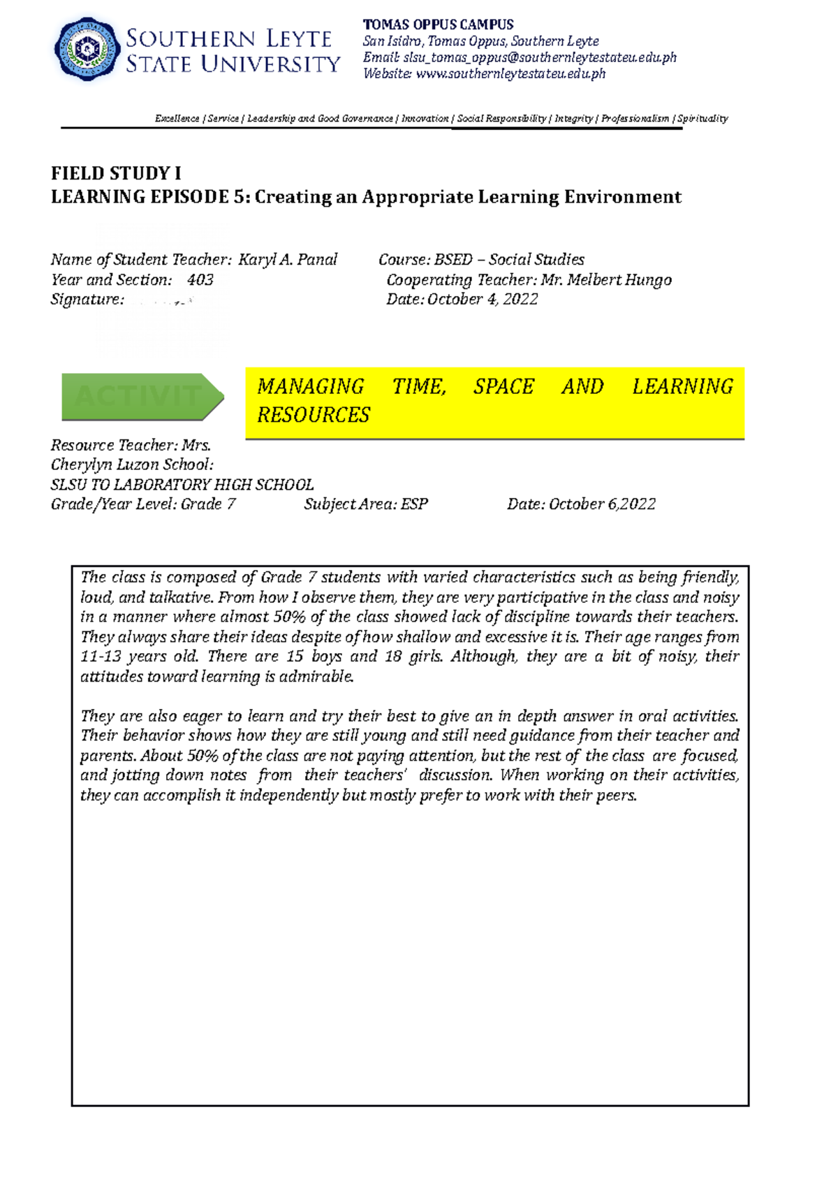Learning Episode 5 - FIELD STUDY I LEARNING EPISODE 5: Creating an ...