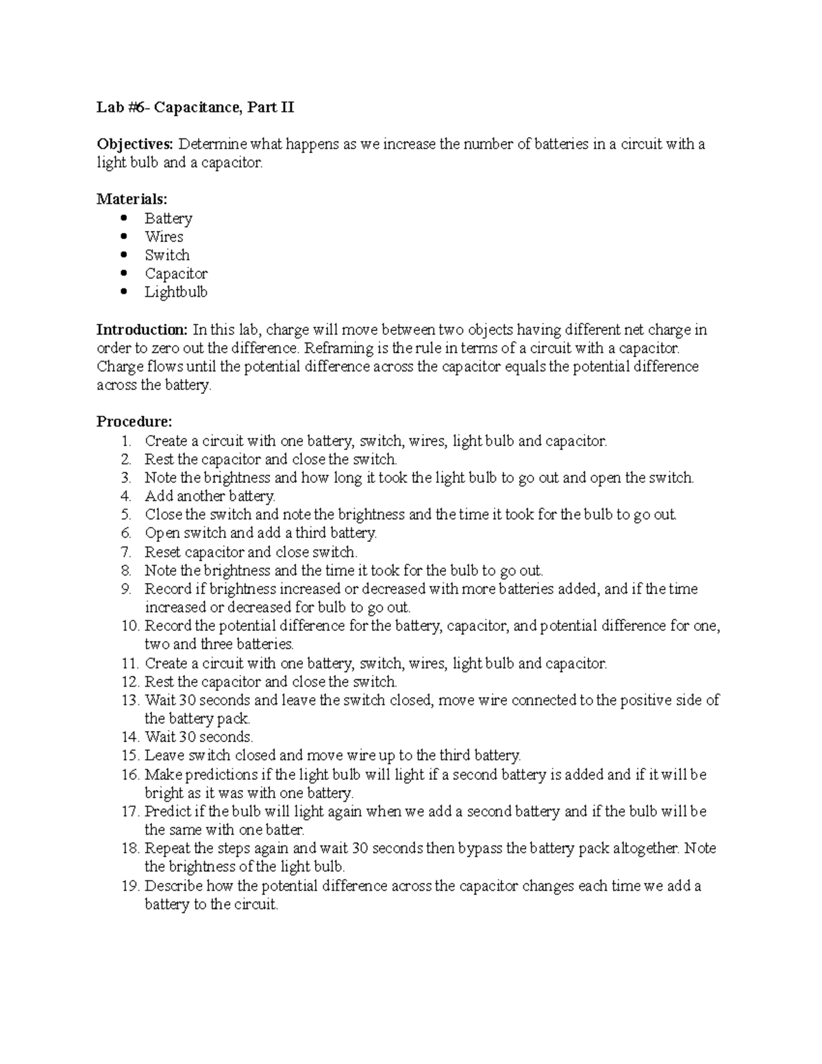 Lab #6 - Lab for physics section - Lab #6- Capacitance, Part II ...