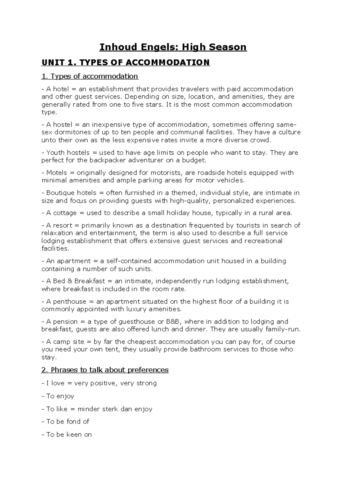 Inhoud Engels 1 reception & housekeeping - Inhoud Engels: High Season ...