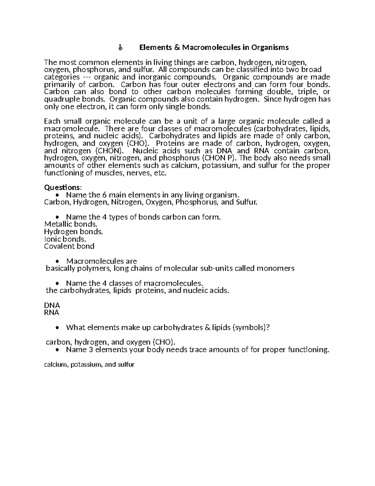 Macromolecules reading and questions (10 - Elements & Macromolecules in ...